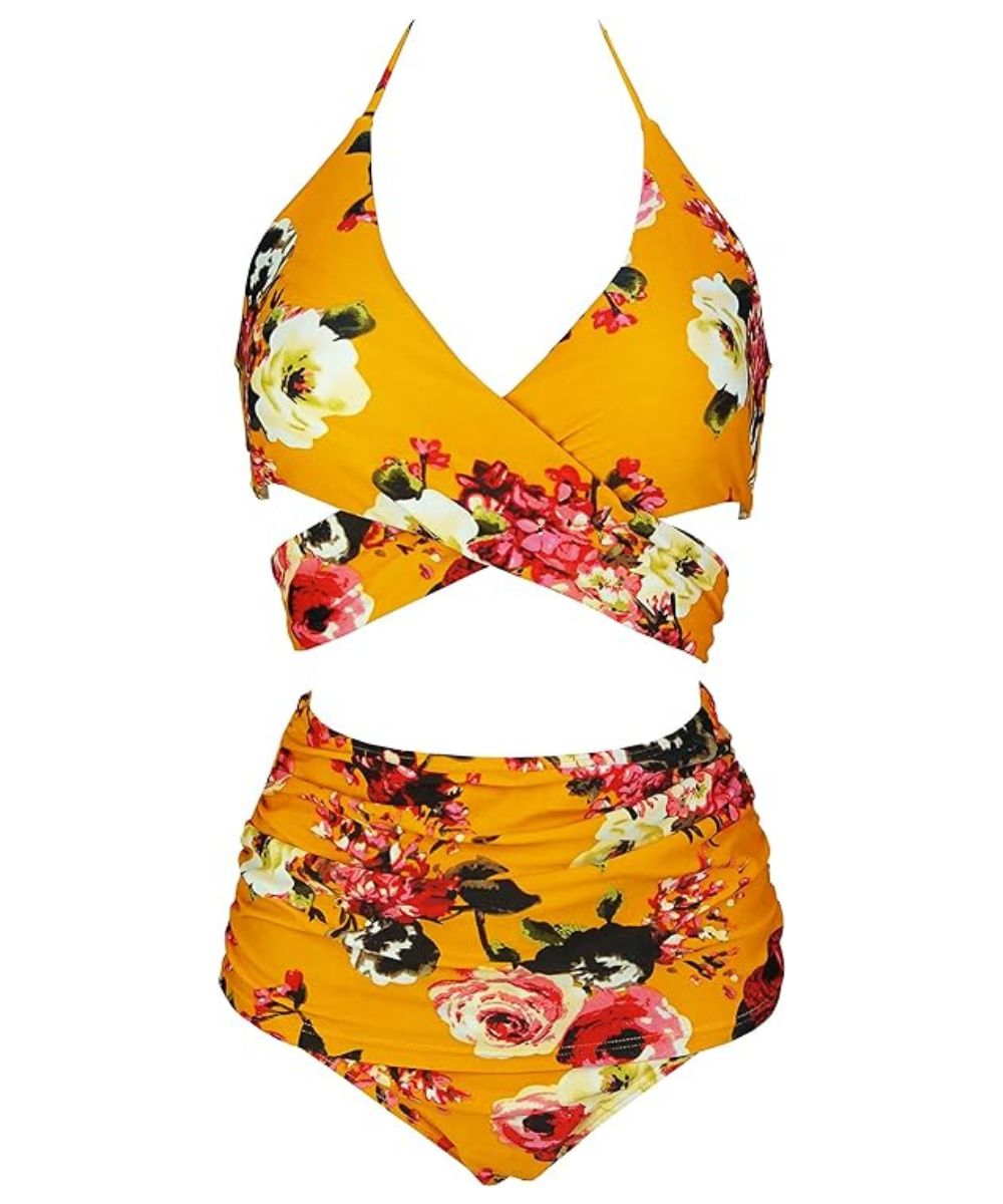 Yellow Floral Bikini Set Two Pcs Beachwear Swimsuit for Women - Delhi ...
